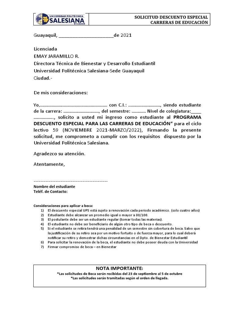 Fomato Solicitud Descuento Especial | PDF