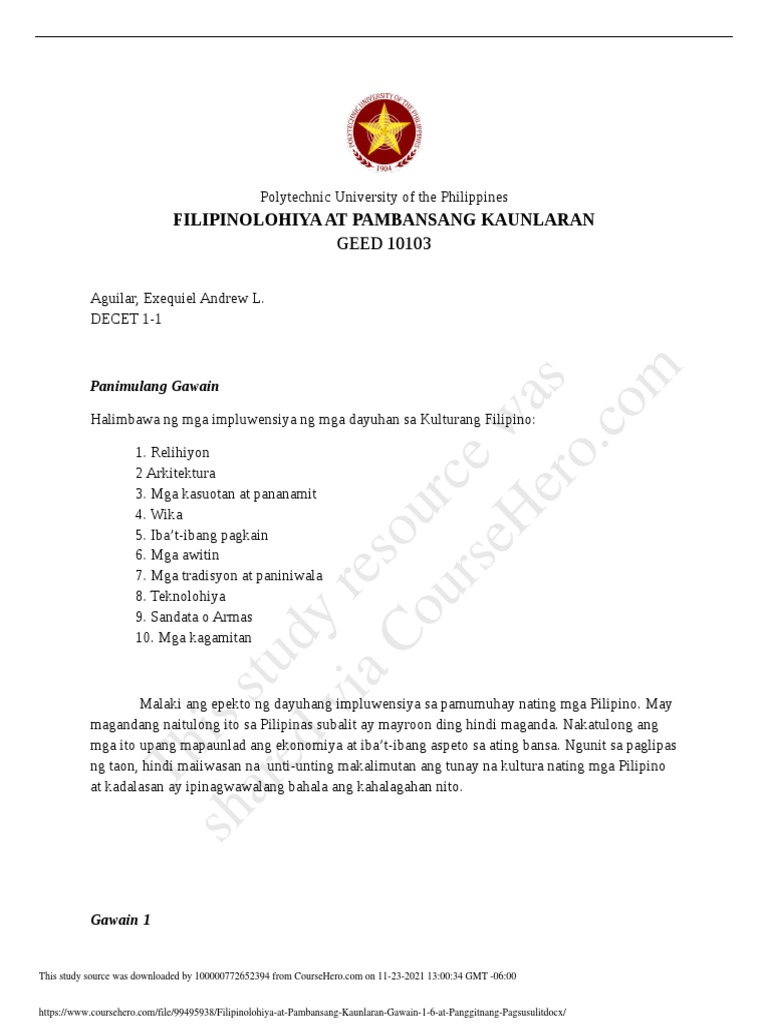 Filipinolohiya at Pambansang Kaunlaran Gawain 1 6 at Panggitnang ...