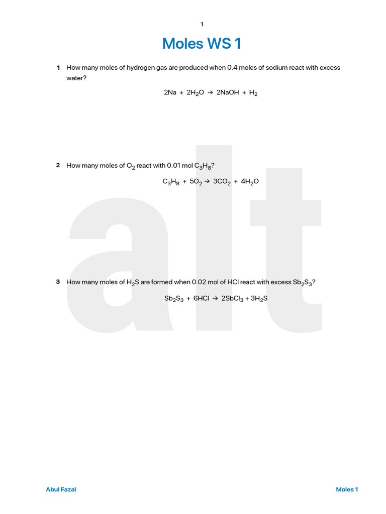 Moles WS 1 - Simple Moles and Limiting | PDF