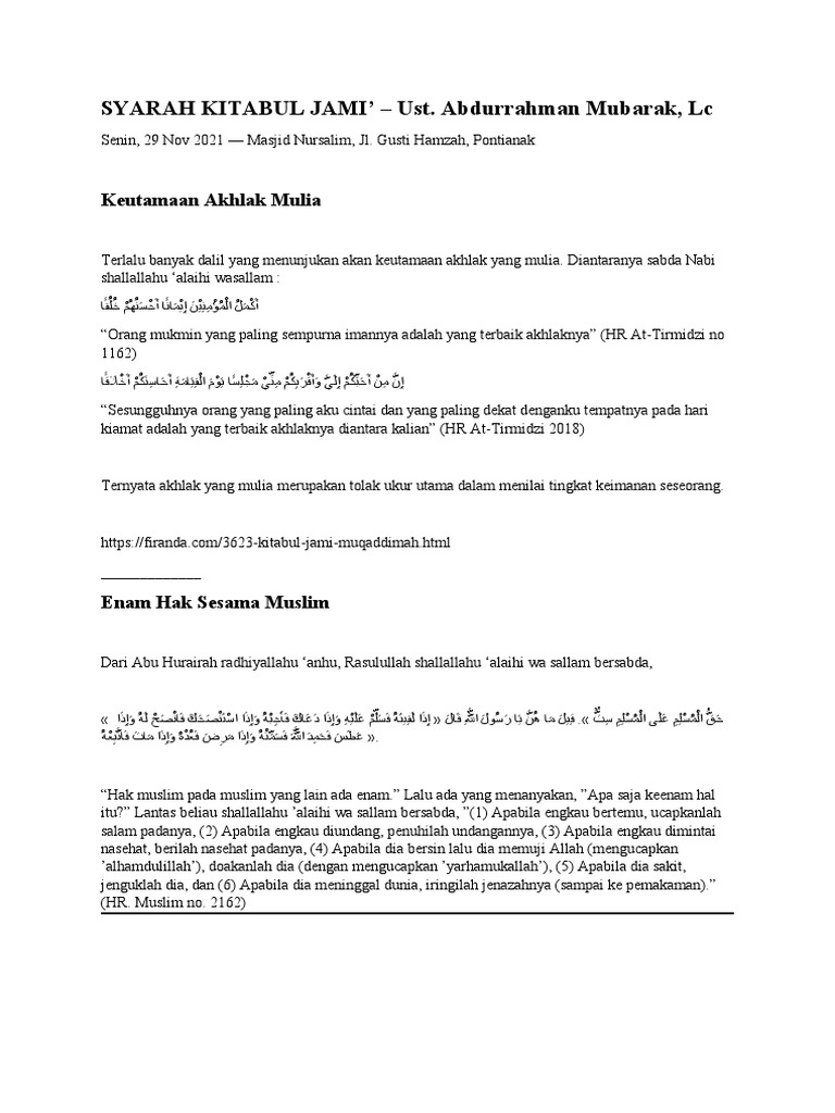 29-11-2021 - Syarah Kitabul Jami' (1) - Ust. Abdurrahman Mubarak | PDF ...