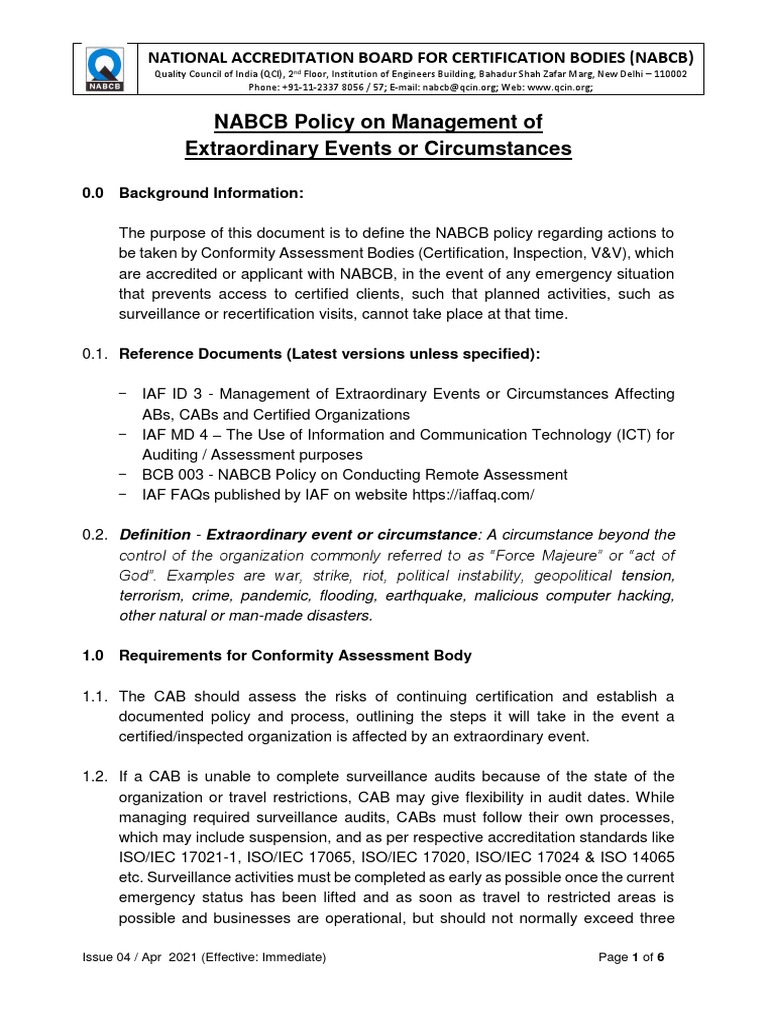 NABCB Policy On Management of Extraordinary Events or CIrcumstances - Issue 4 - Apr 2021 | PDF ...