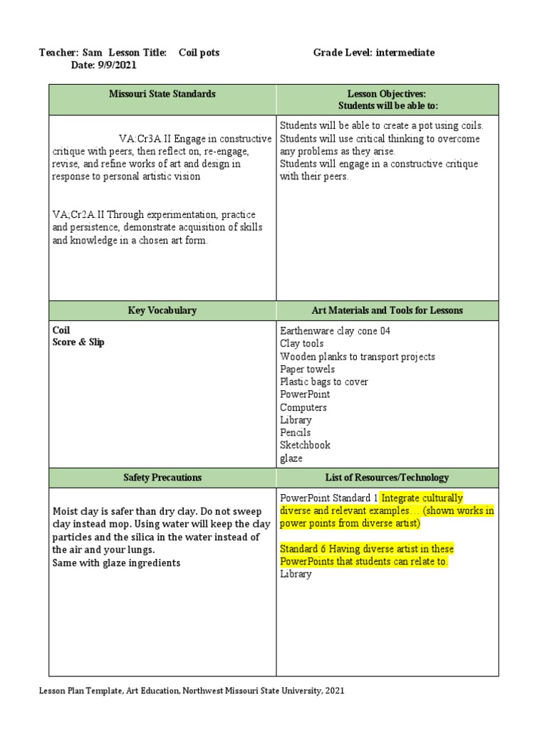 Teacher: Sam Lesson Title: Coil Pots Grade Level: Intermediate Date: 9 ...