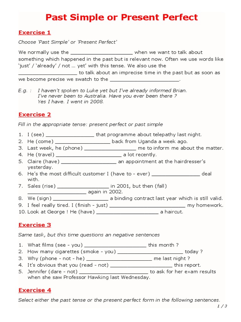 Past Simple or Present Perfect: Exercise 1 | PDF