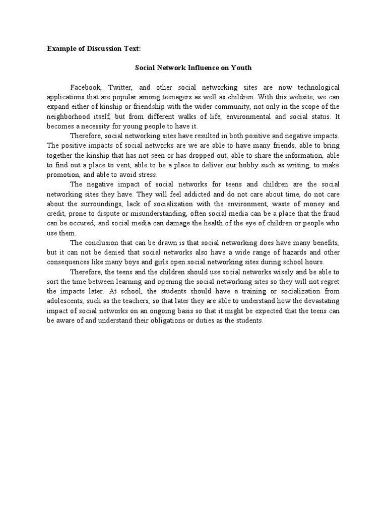 Example of Discussion Text: Social Network Influence On Youth | PDF ...