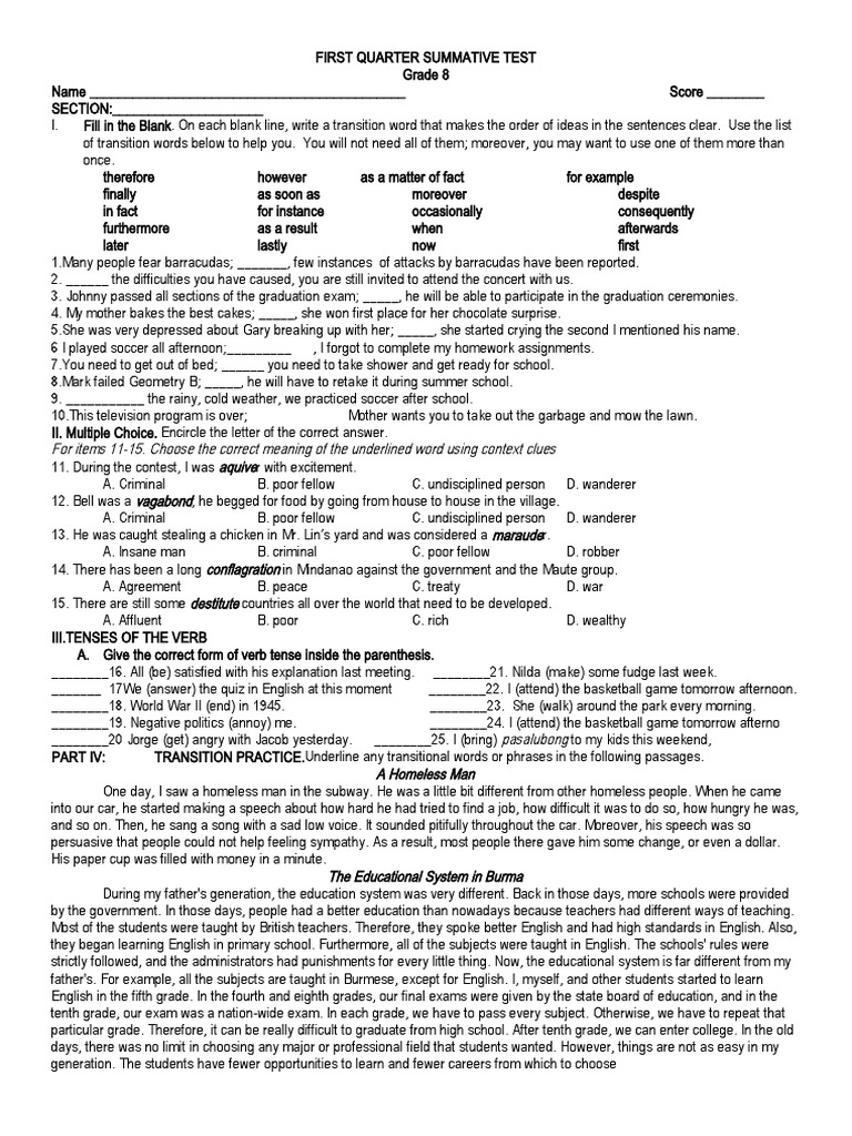 Summative 8 Grade 8 English 1 | PDF | Teachers | Test (Assessment)