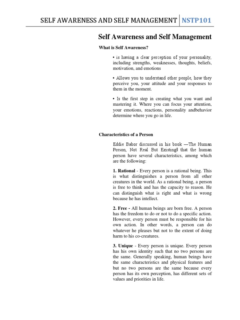 W2 Lesson 2 - Self-Awareness and Self-Management - Module | PDF ...