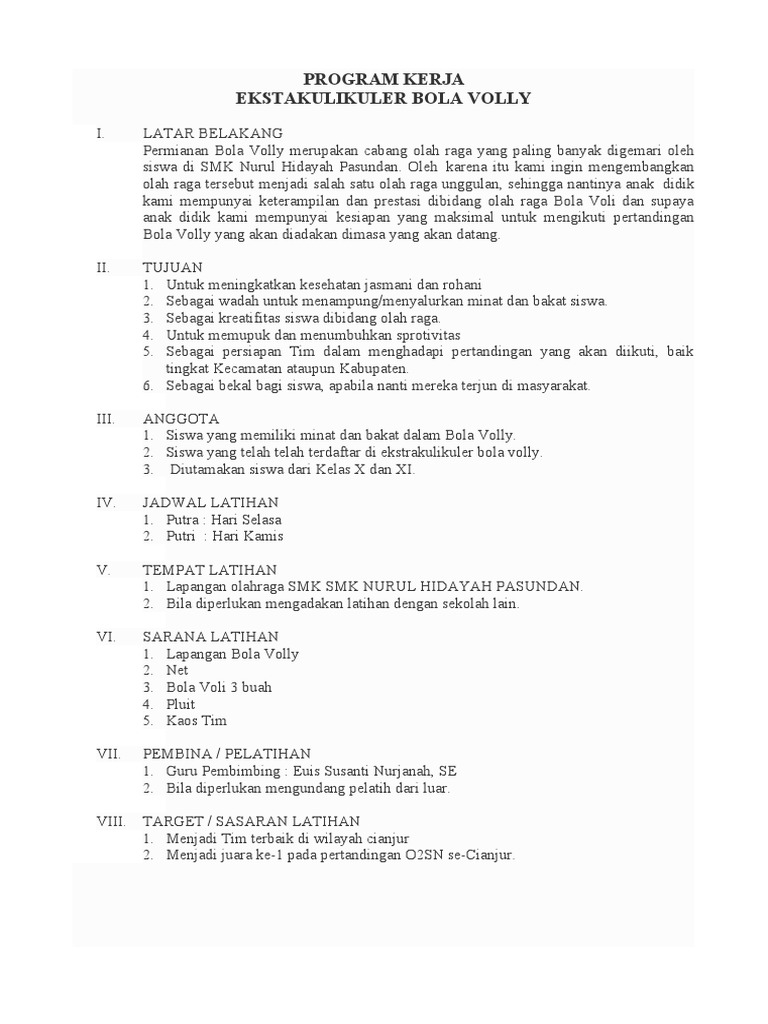 Program Kerja Ekstrakurikuler Bola Voli | PDF
