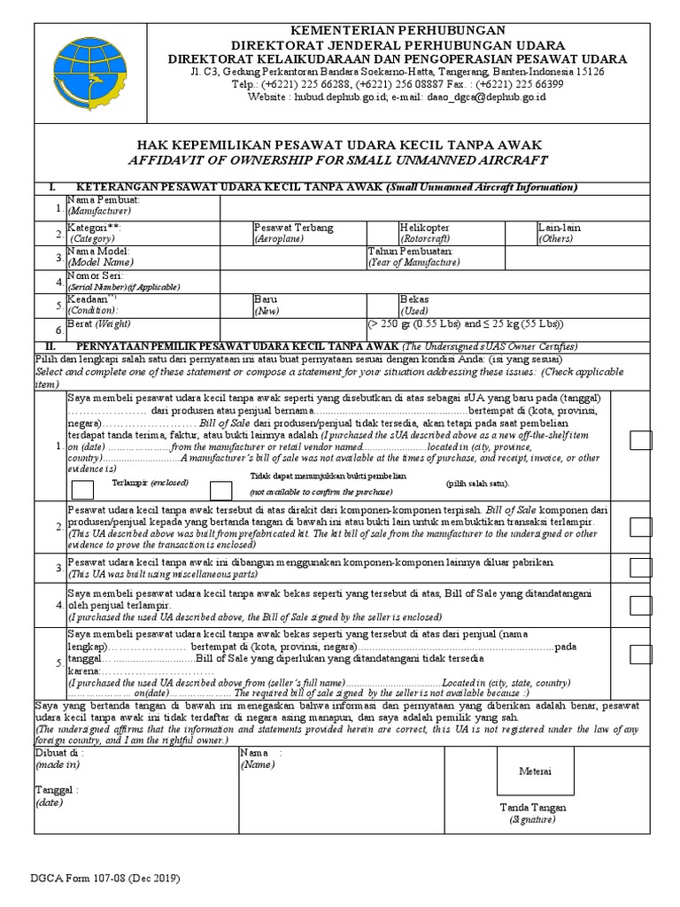 DGCA From 107-08 Affidavit of Ownership For Small Unmanned Aircraft ...