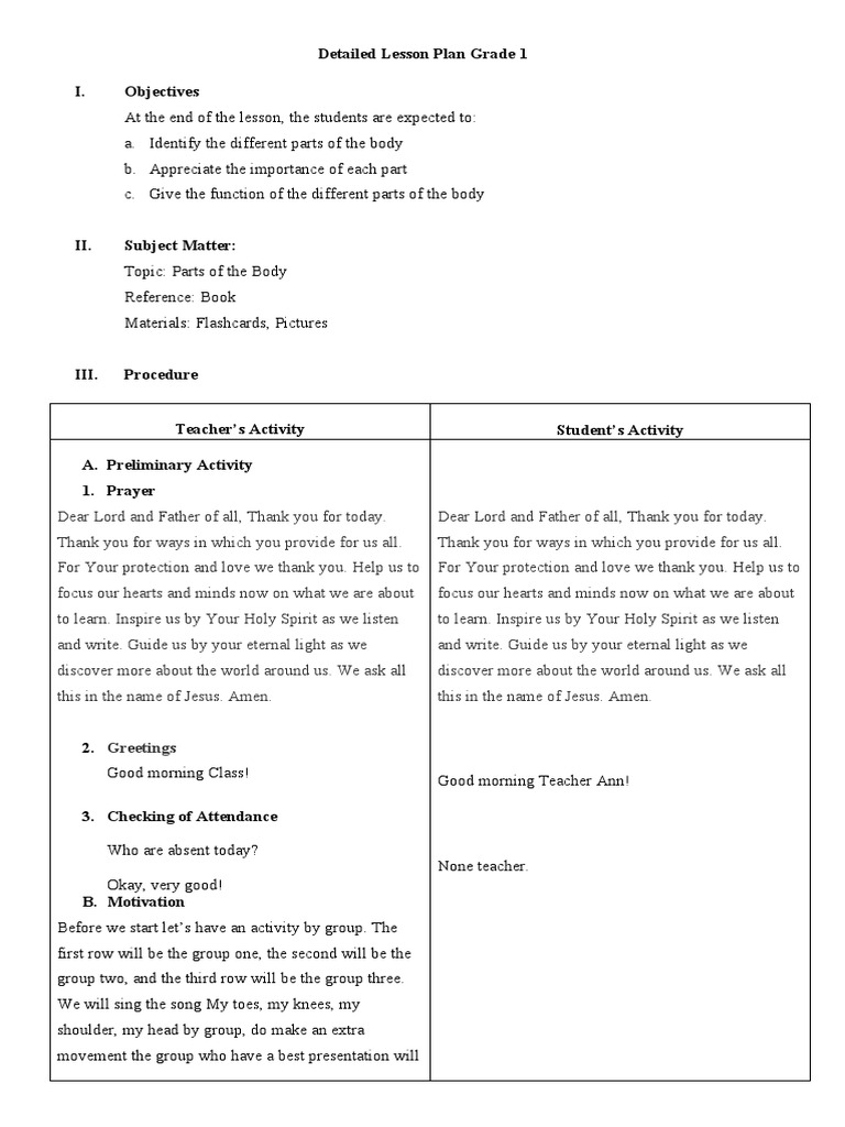 Detailed Lesson Plan Grade 1 I. Objectives: Greetings | PDF | Teaching ...