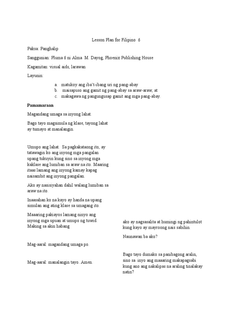 Lesson Plan For Filipino 6 | PDF