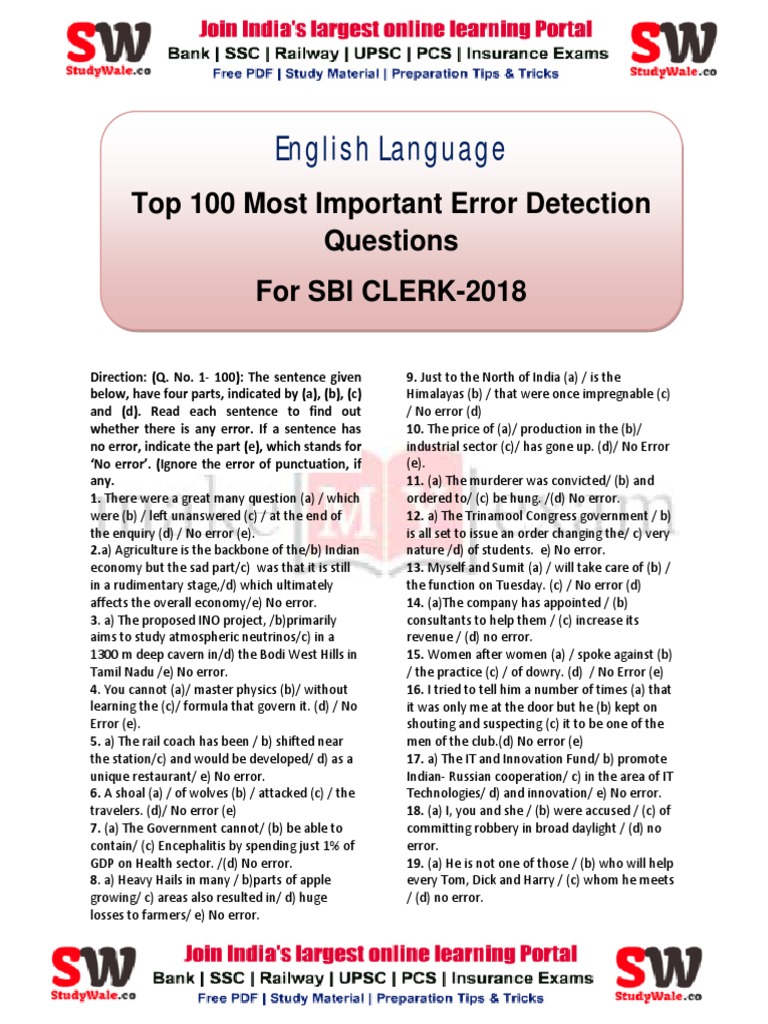 English Language: Top 100 Most Important Error Detection Questions For ...