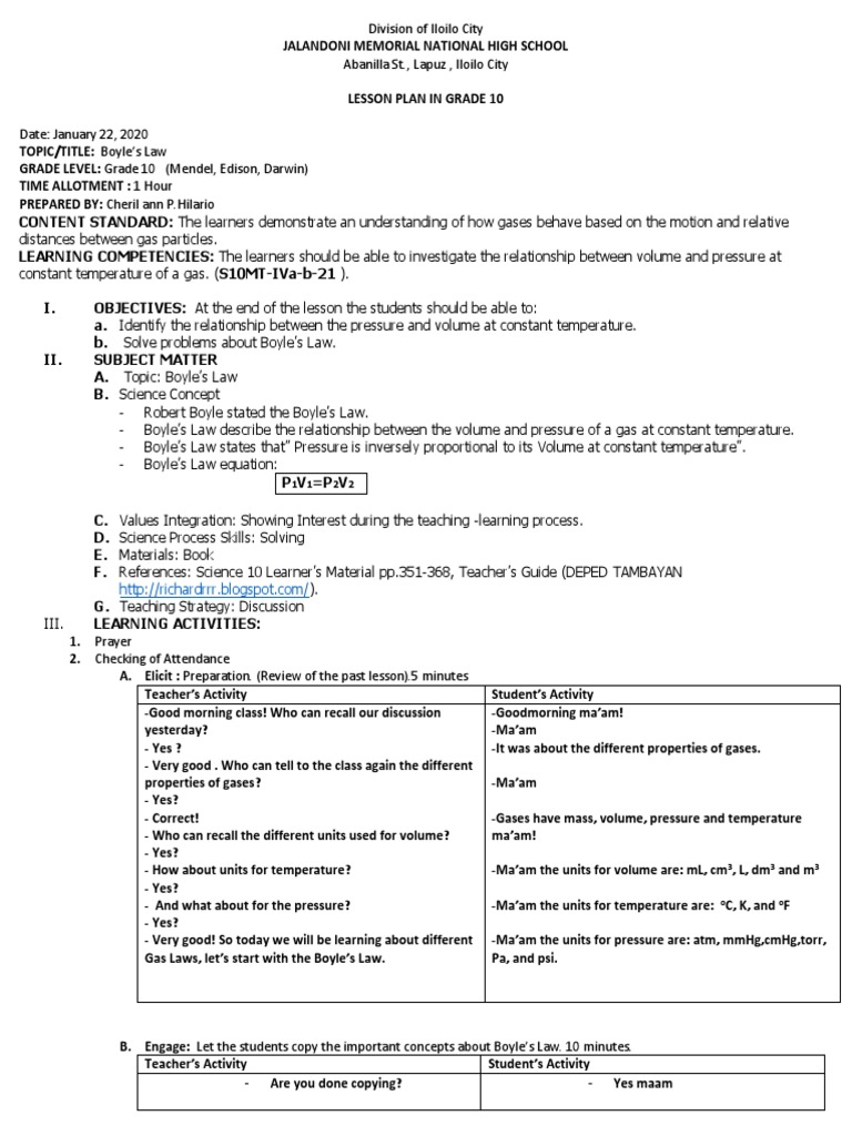 Grade 10 Lesson Plan: Boyle’s Law | PDF | Gases | Temperature