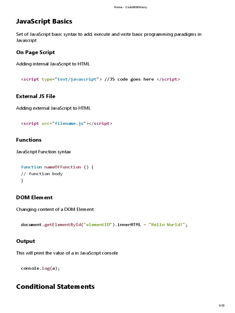 JavaScript Cheatsheet CodeWithHarry | PDF | Document Object Model ...