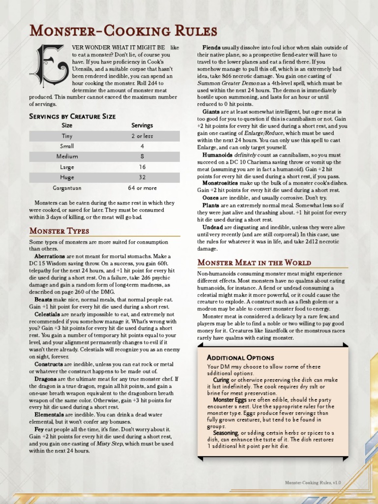 D&D 5e Monster Cooking Rules - GM Binder | PDF | Meat | Monsters