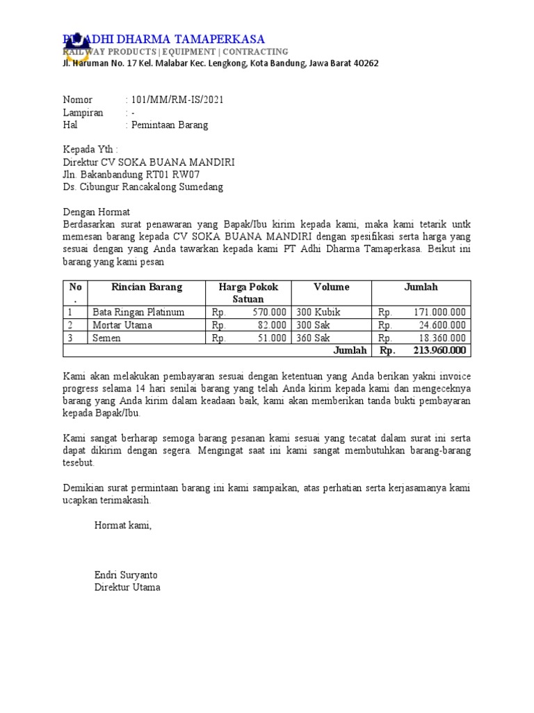 Surat Permintaan Barang | PDF