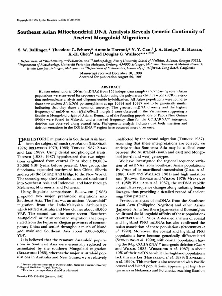 Ballinger Et Al. 1992 Southeast Asian Mitochondrial DNA Analysis ...