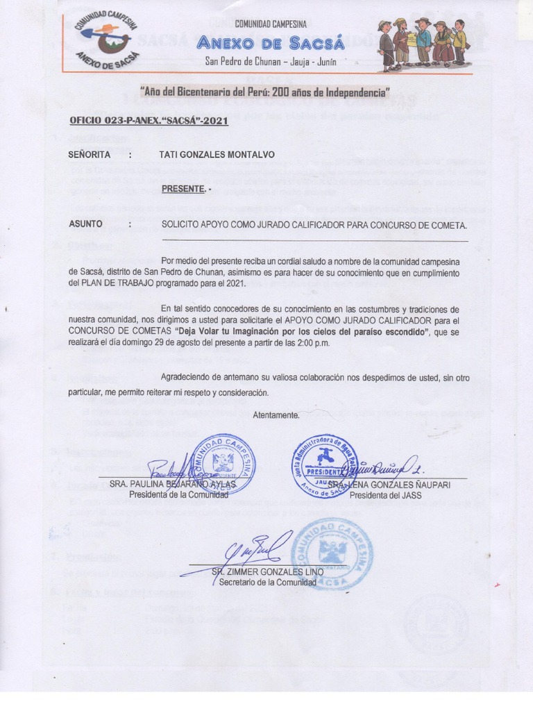 Oficio 024 - Jurado Calificador - Concurso de Cometa | PDF