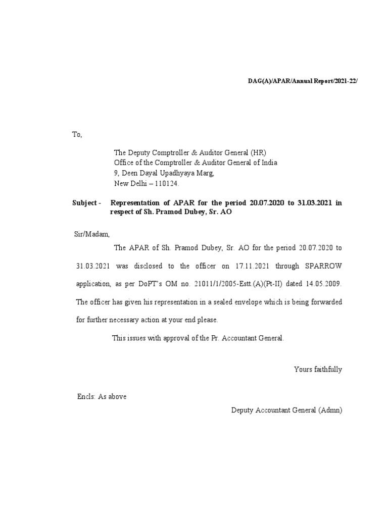 Subject - Representation of APAR For The Period 20.07.2020 To 31.03. ...