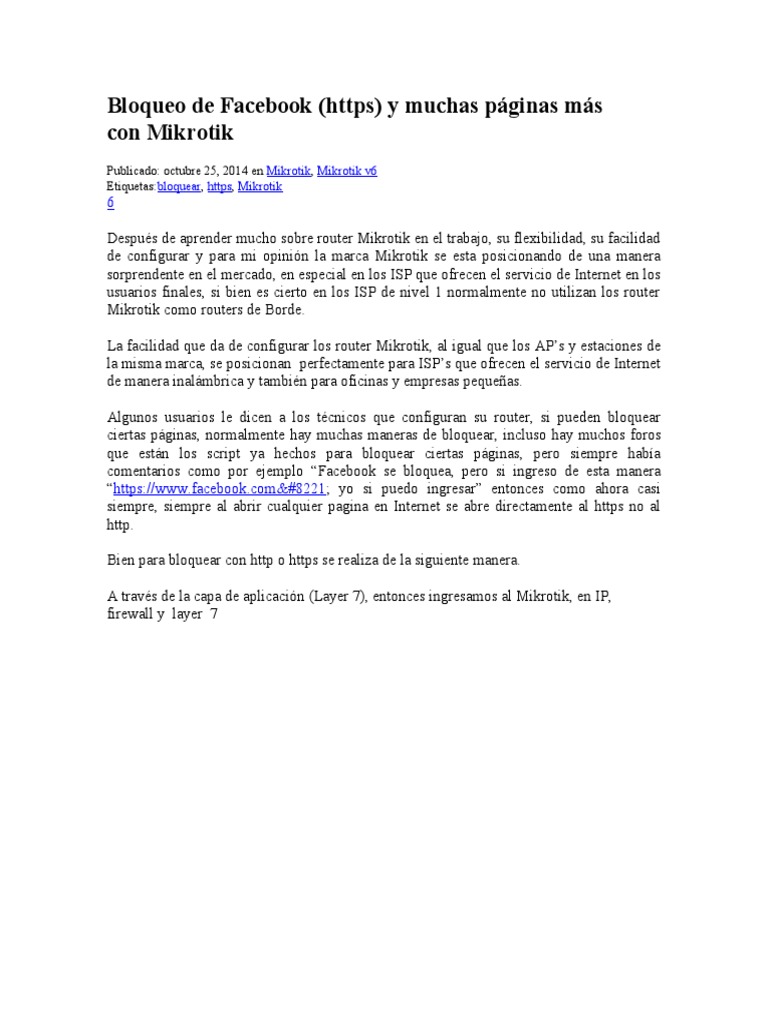 Bloqueo de Facebook Mikrotik | PDF