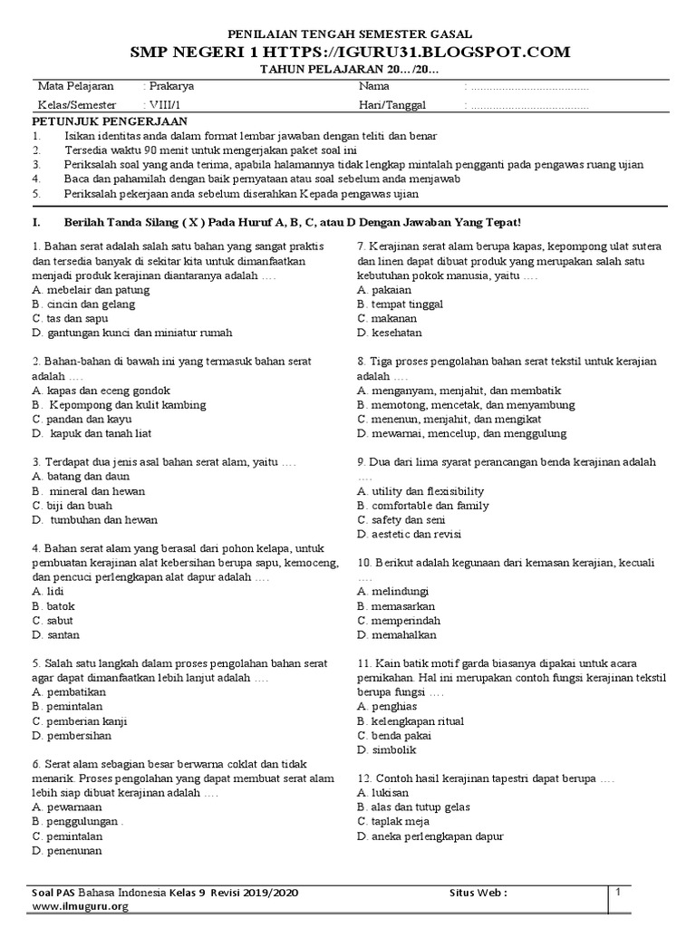 Soal PTS Prakarya Kelas 8 | PDF