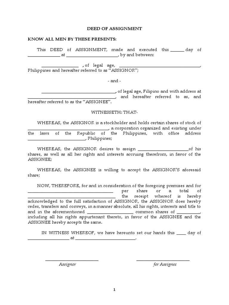 Deed of Assignment Draft | PDF | Assignment (Law) | Civil Law (Legal ...