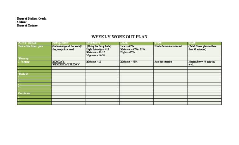 Weekly Workout Plan: Name of Student Coach: Section: Name of Trainee | PDF