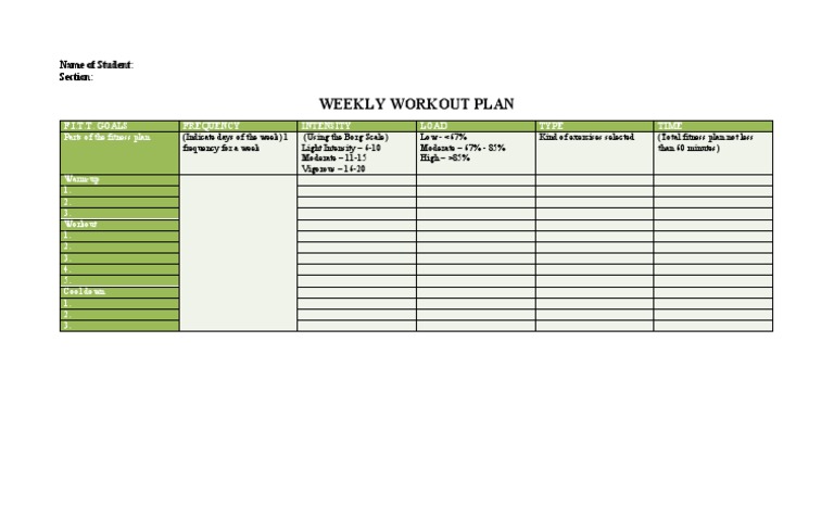Weekly Workout Plan: Name of Student: Section | PDF