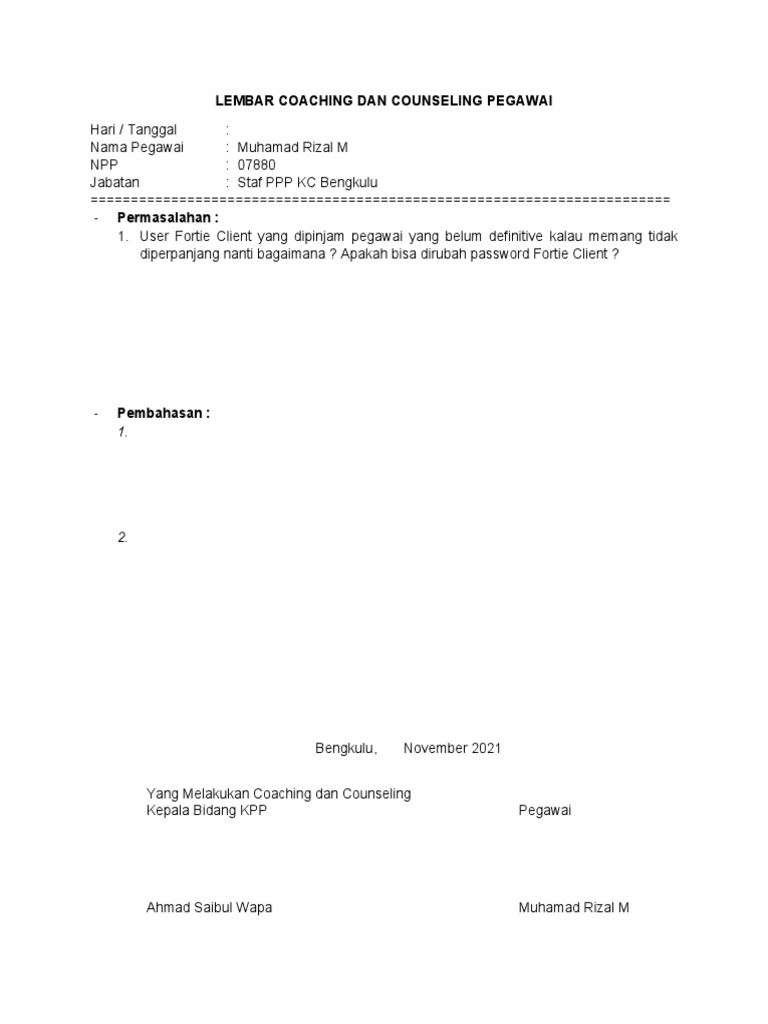 Form Lembar Coaching Dan Counselling Pegawai | PDF