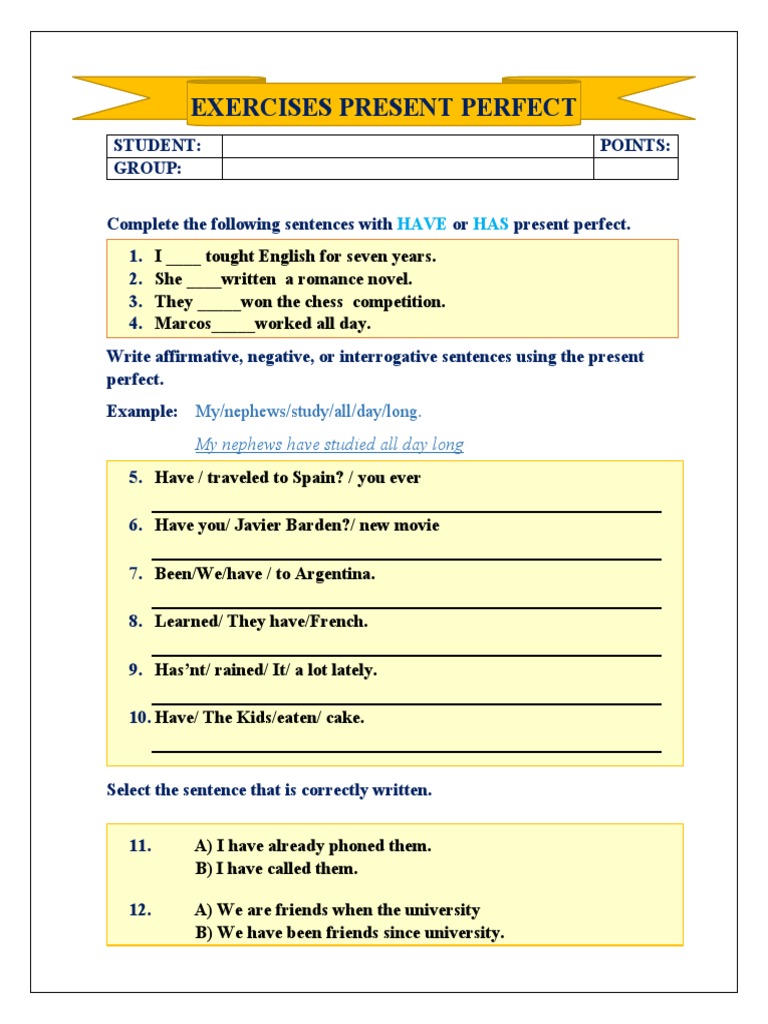 EXERCISES PRESENT PERFECT para Resolver | PDF