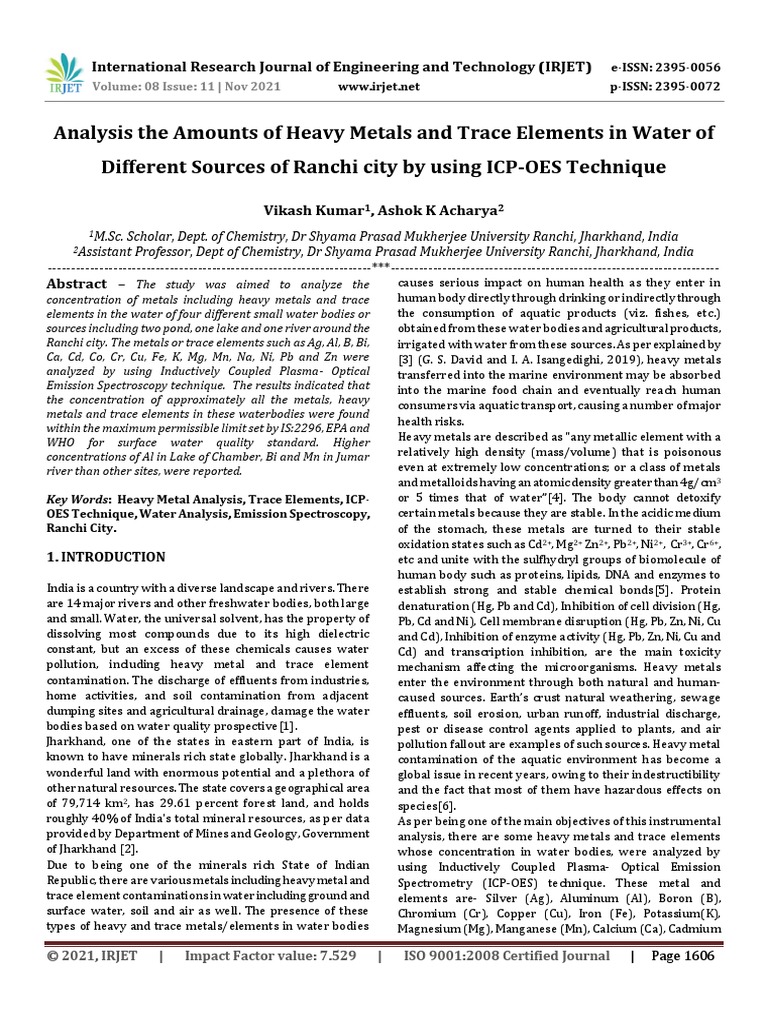 Analysis The Amounts of Heavy Metals and Trace Elements in Water Ofdifferent Sources of Ranchi ...