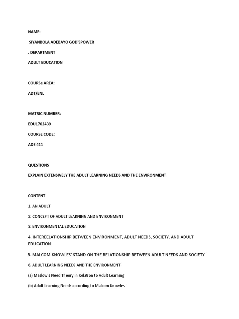 Adult Learning Needs | PDF | Learning | Self Actualization