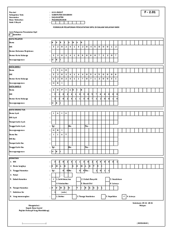 Format (F 2.01) Formulir Akta Kematian | PDF