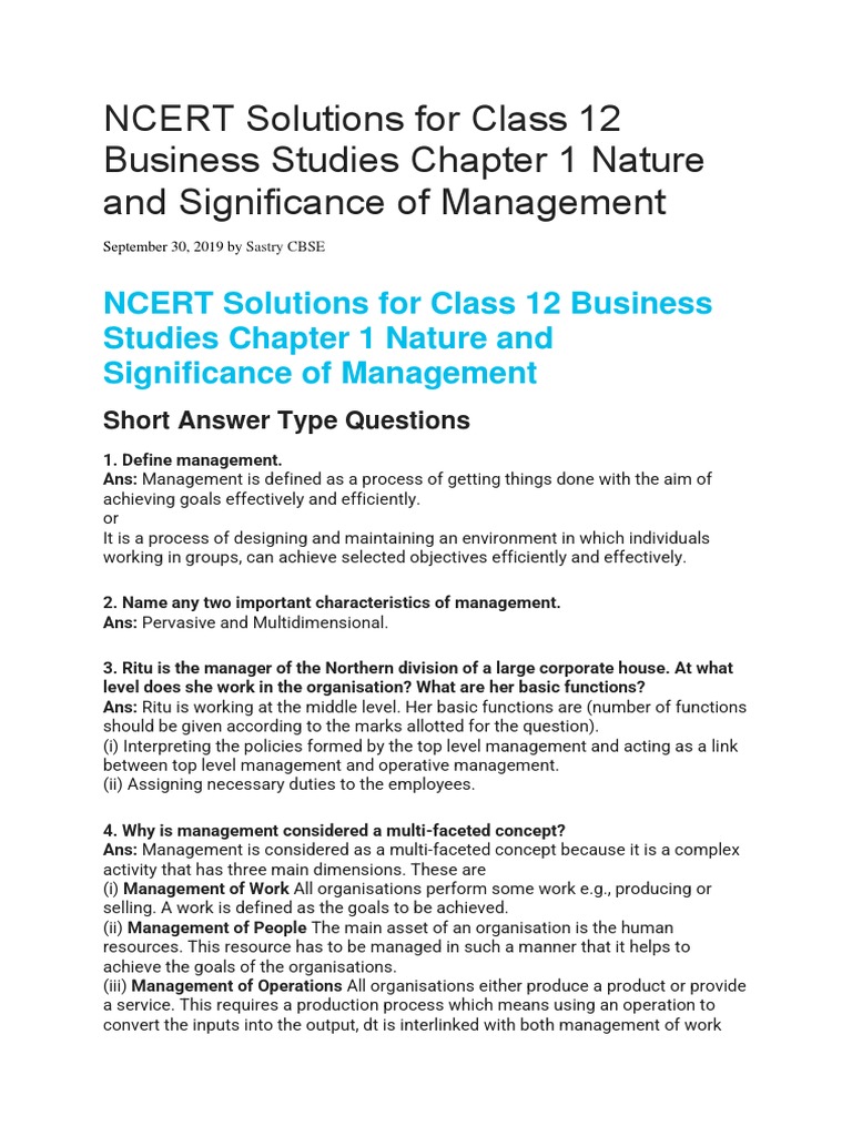 NCERT Solutions For Class 12 Business Studies Chapter 1 Nature and ...