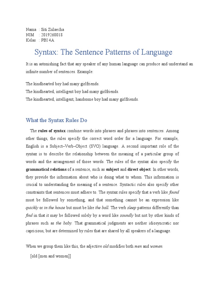 Syntax: The Sentence Patterns of Language | PDF | Phrase | Part Of Speech