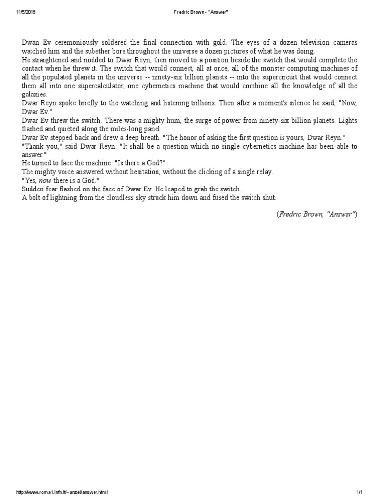 The Answer - Fredric Brown | PDF