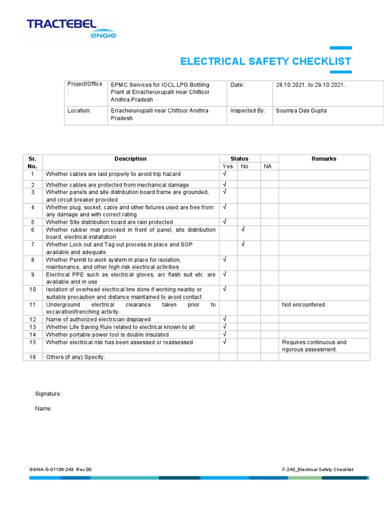 Electrical Safety Checklist for IOCL LPG Bottling Plant | PDF ...