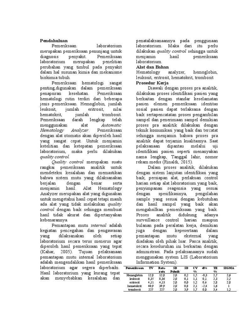 QC Hematology Analyzer Tinggal Abstract | PDF