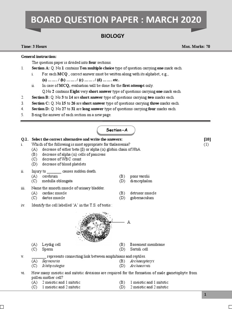 Biology March 2020 STD 12th Science HSC Maharashtra Board Question Paper | PDF | Biology