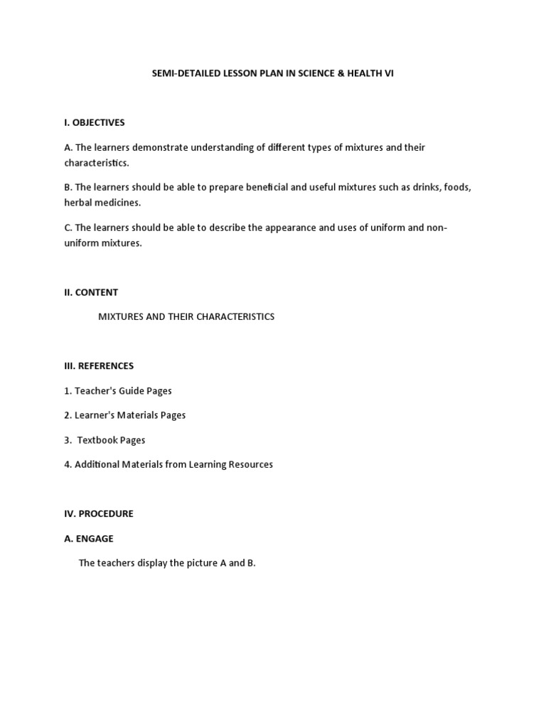 Semi-Detailed Lesson Plan in Science & Health Vi | PDF | Learning | Mixture