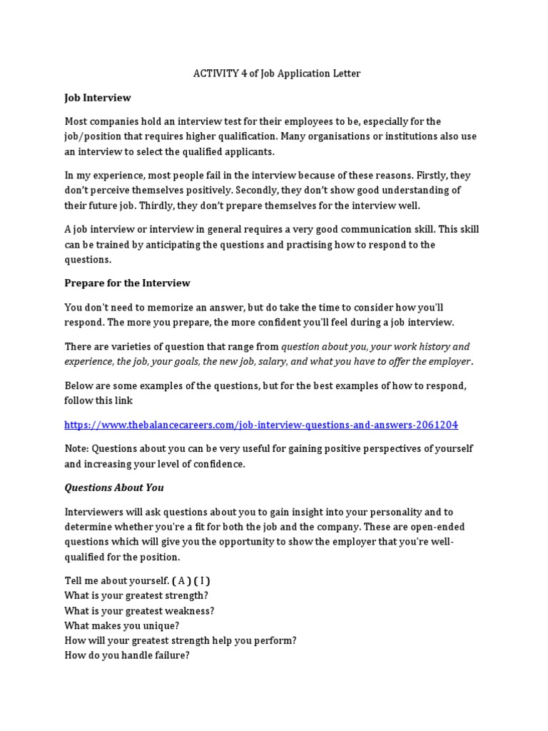 ACTIVITY 4 of Job Application Letter | PDF | Job Interview | Interview