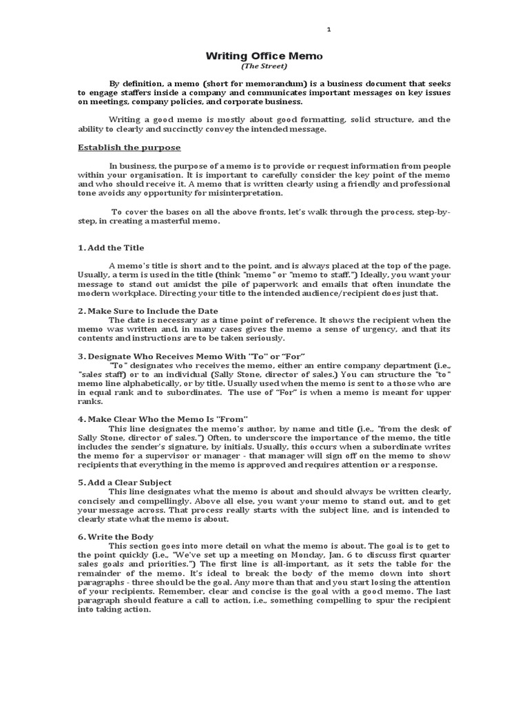 Writing Office Memo: Establish The Purpose | PDF | Memorandum ...
