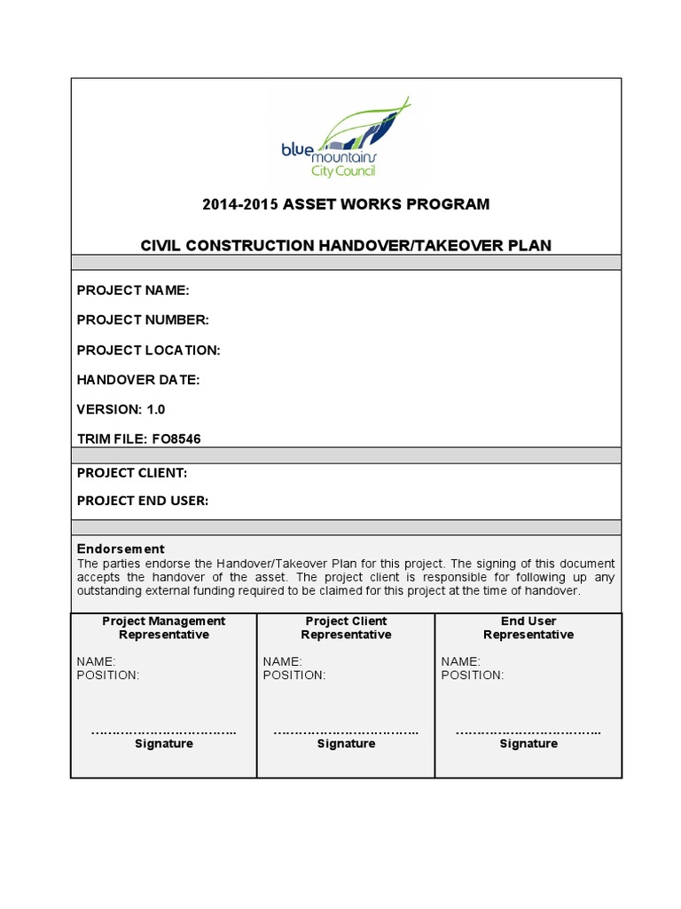 Construction Hand Over Take Over Plan Template | PDF | Economies