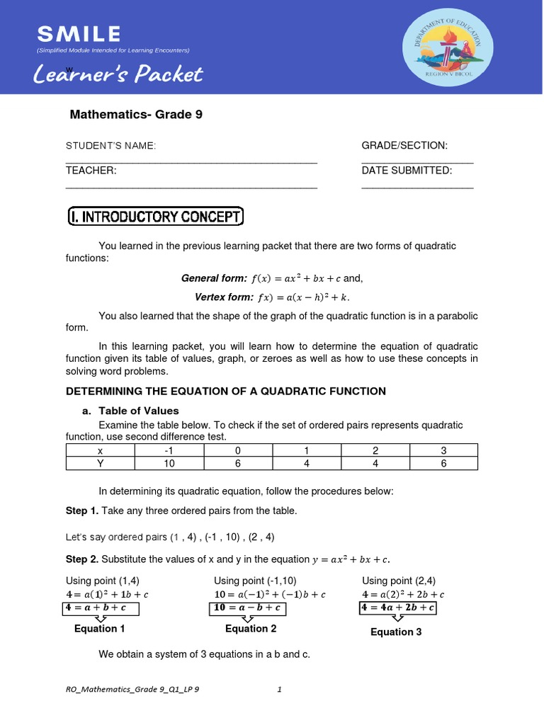 Mathematics Grade-9 Q1 LP-9 | PDF | Quadratic Equation | Equations