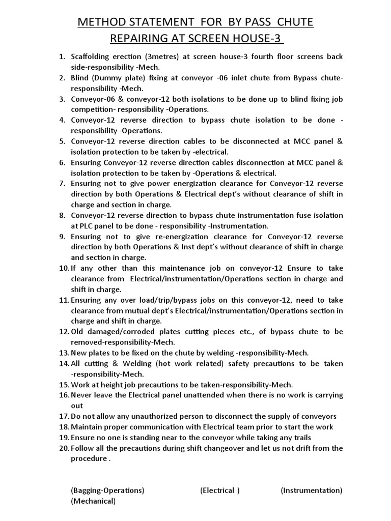 Method Statement For by Pass Chute Repairing at Screen House | PDF ...