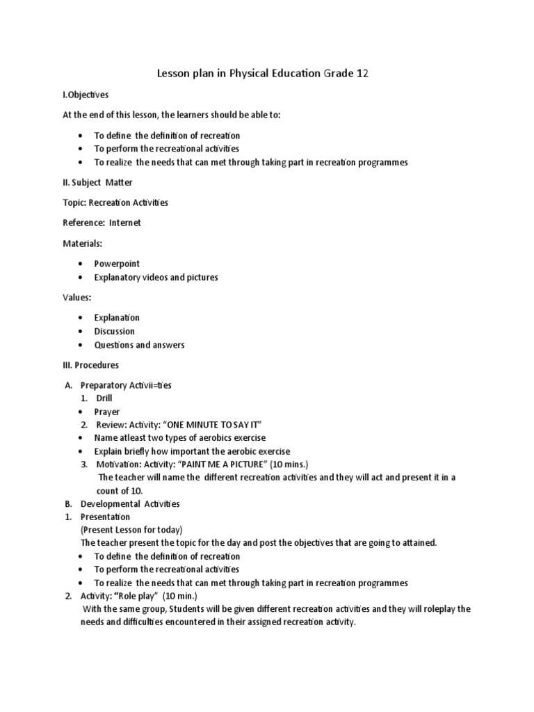 Lesson Plan in Physical Education Grade 12 | PDF