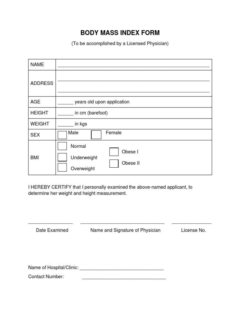 Body Mass Index Form Medical Exam Coqc | PDF | Body Mass Index | Determinants Of Health