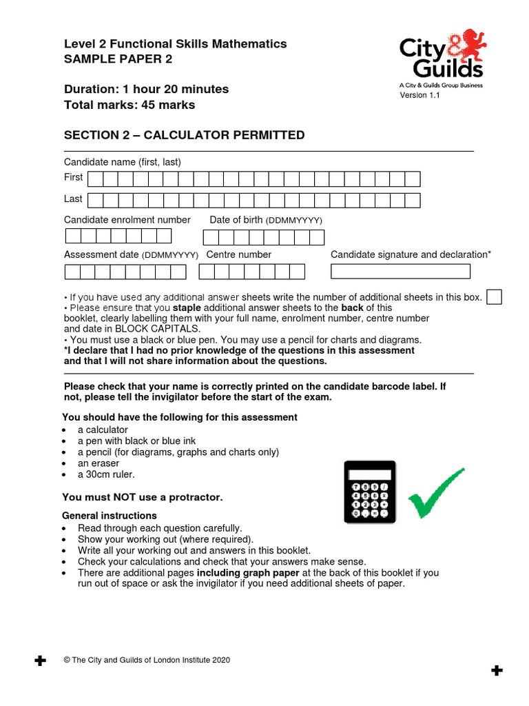 4748 Functional Skills Mathematics l2 Sample 2 Calculator Paper v1 1 ...