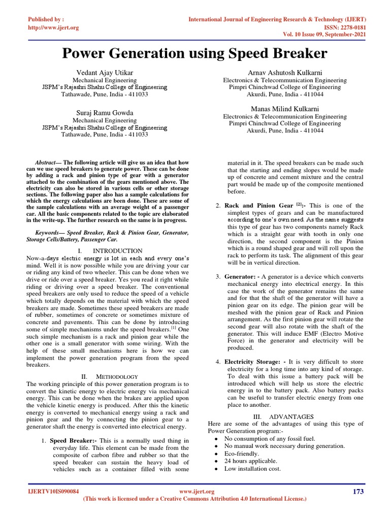 Generating Power from Speed Breakers Using Rack Pinion Gear | PDF ...