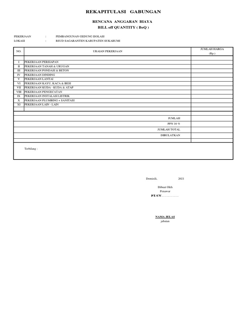 BoQ Pembangunan Gedung Isolasi RSUD Sagaranten | PDF
