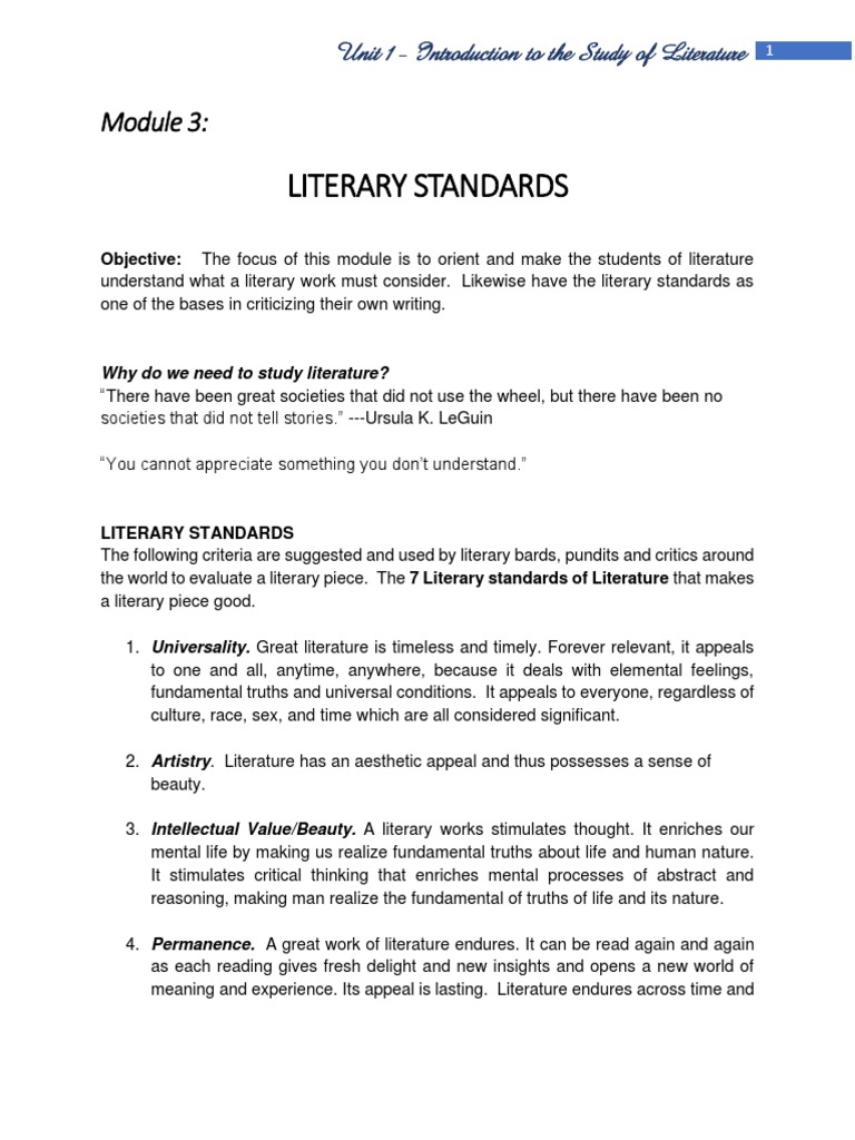 The Seven Literary Standards: Qualities of Excellent Literature | PDF ...